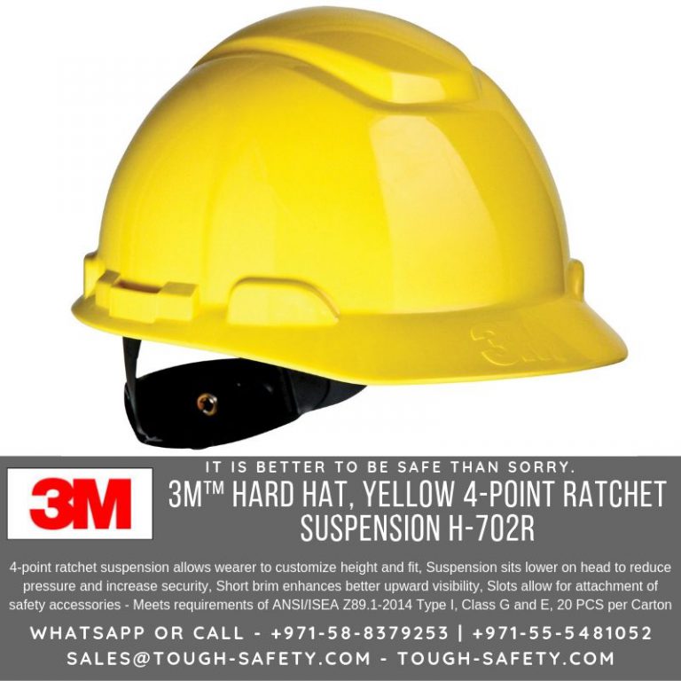 3M 702R Hard Hat, Yellow Safety Helmet 4-Point Ratchet Suspension